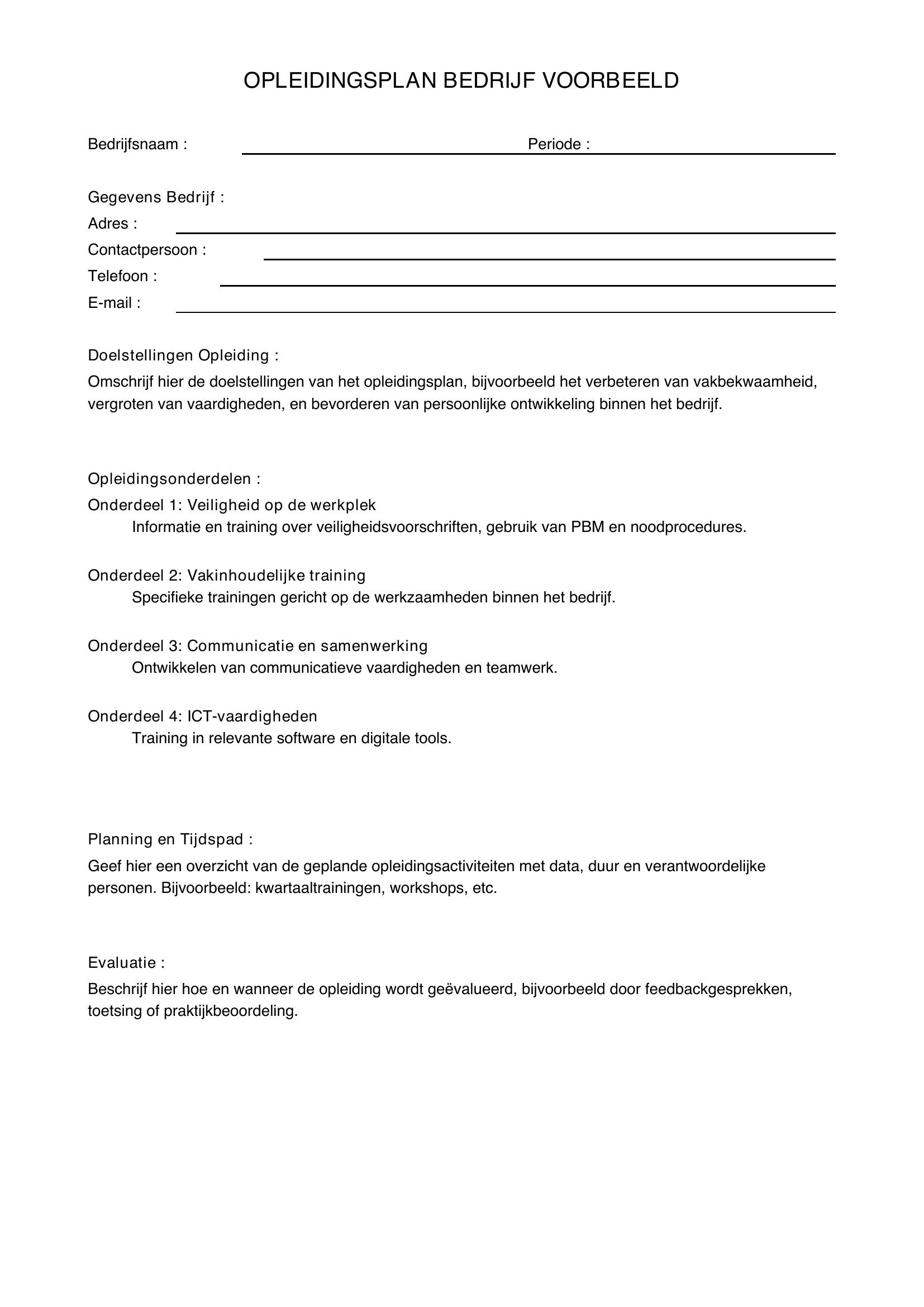 Opleidingsplan Bedrijf Voorbeeld